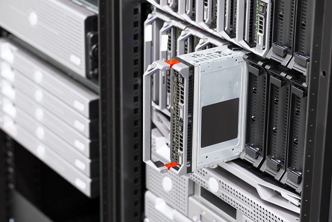 Blade server rack in large datacenter - M2SYS Blog On Biometric Technology